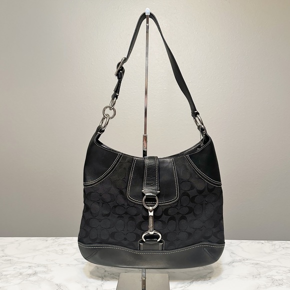 Coach | Bags | Coach Black Signature Jacquard Leather Trim Lobster Claw ...